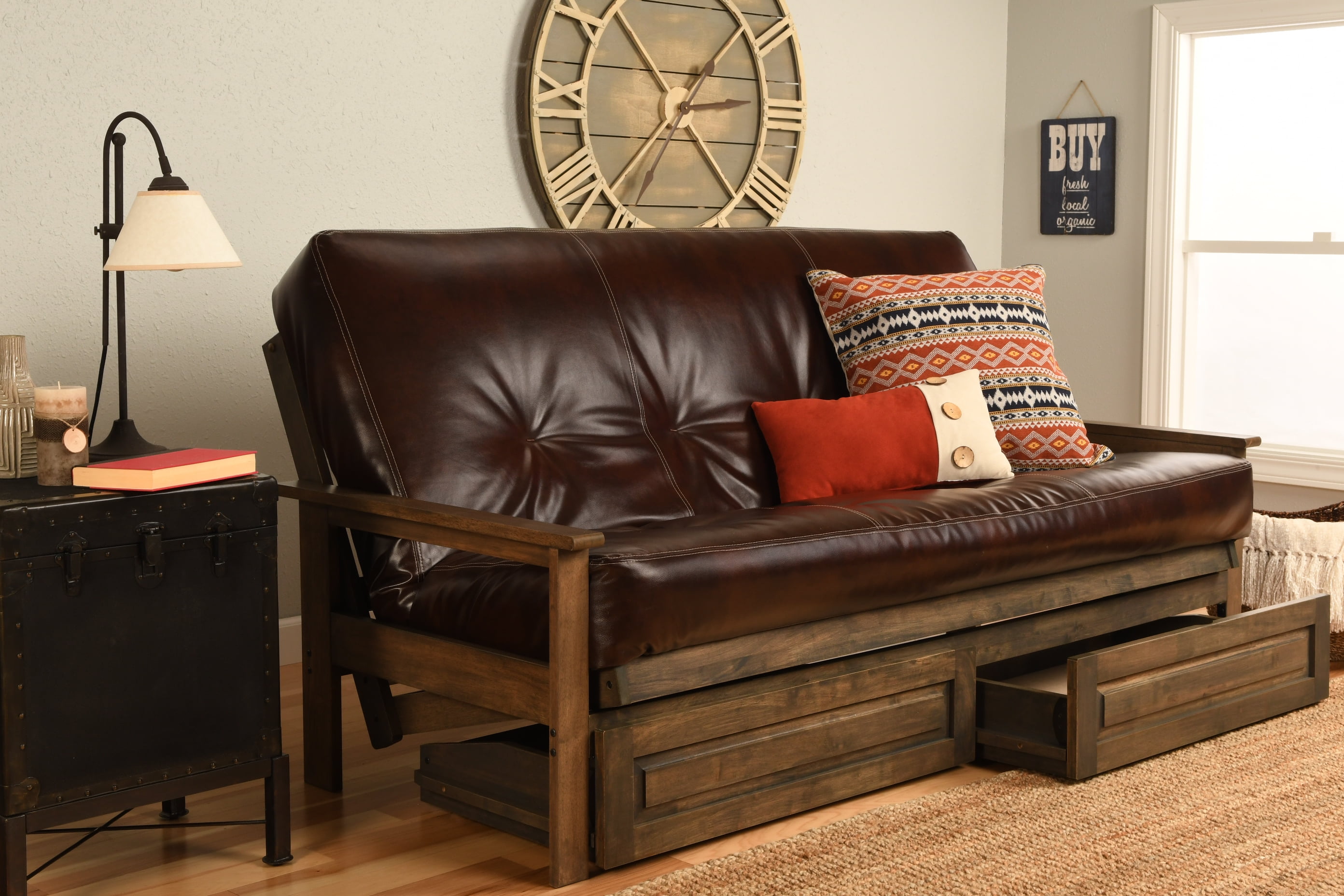Albany Futon with storage in Rustic Walnut Finish, Multiple Colors ...