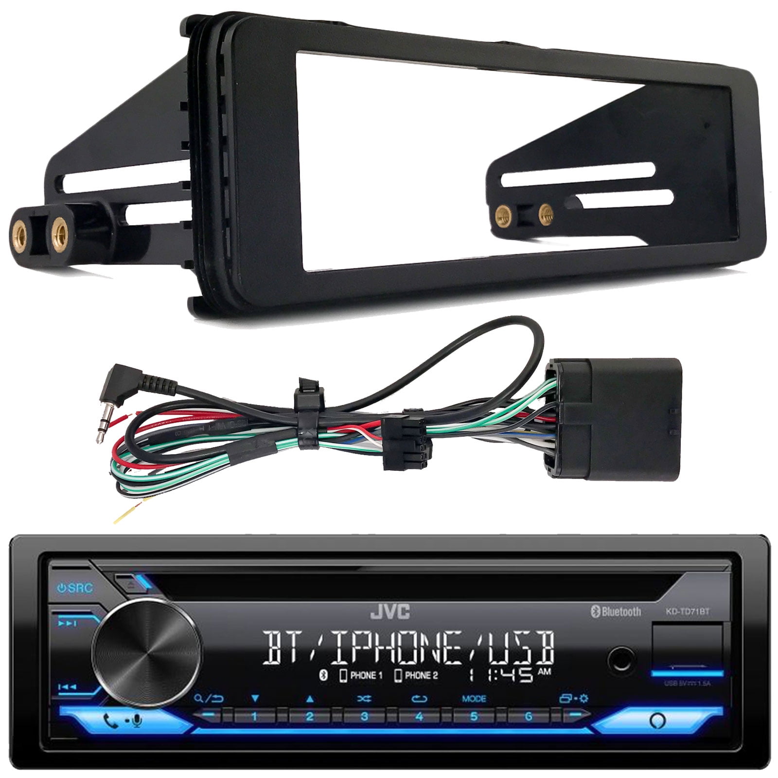 JVC KD-TD71BT Single DIN AM/FM Radio Stereo USB AUX Bluetooth CD Player Receiver Bundle Combo ...