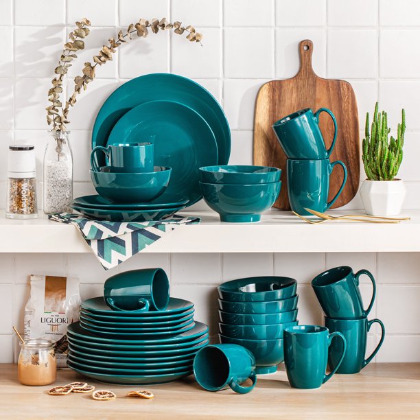 LOVECASA, Series Sweet, 32-Piece Porcelain Dinnerware Set, Dark Green ...