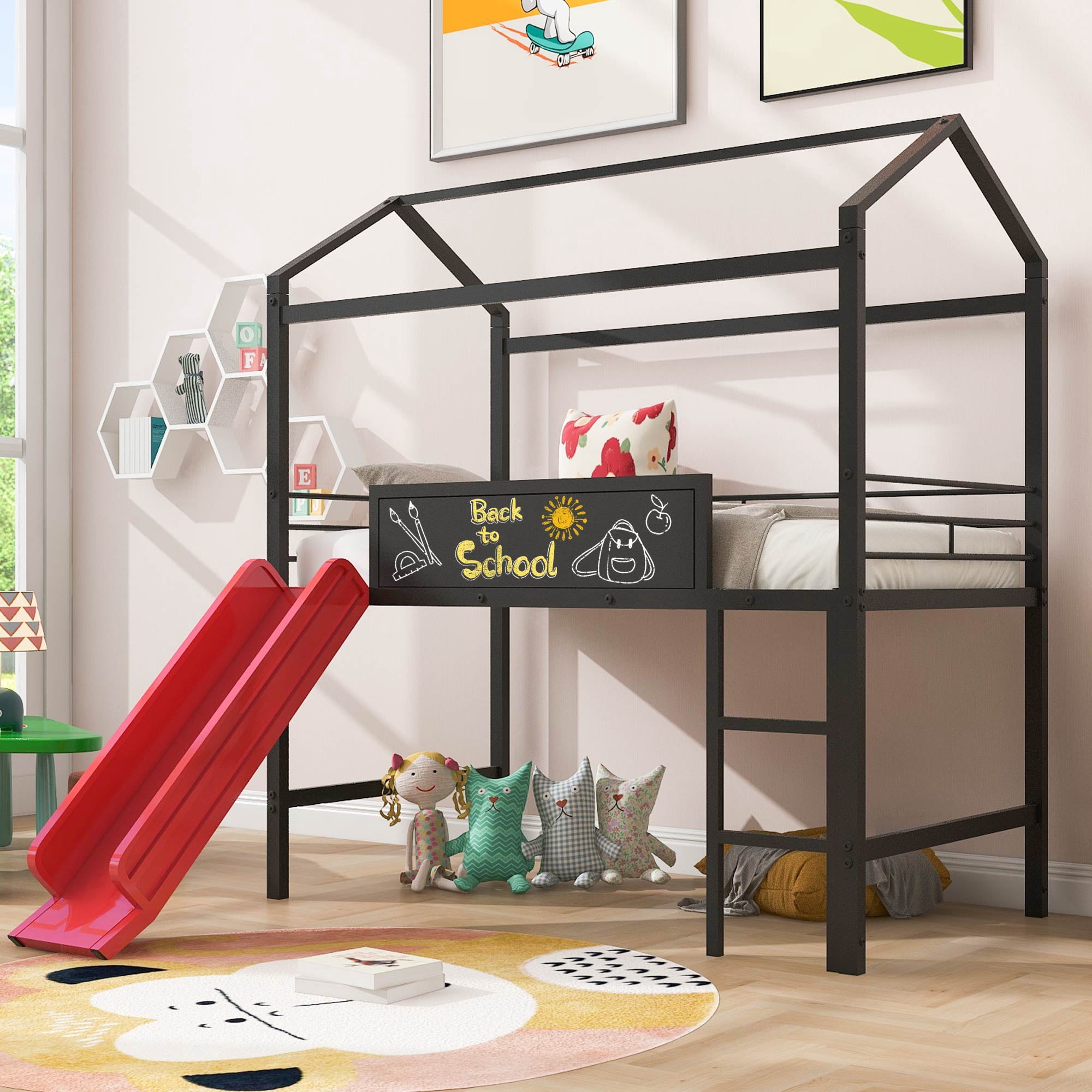 Twin Size House Loft Bed with Slide and Two-sided Writable Wooden Board ...