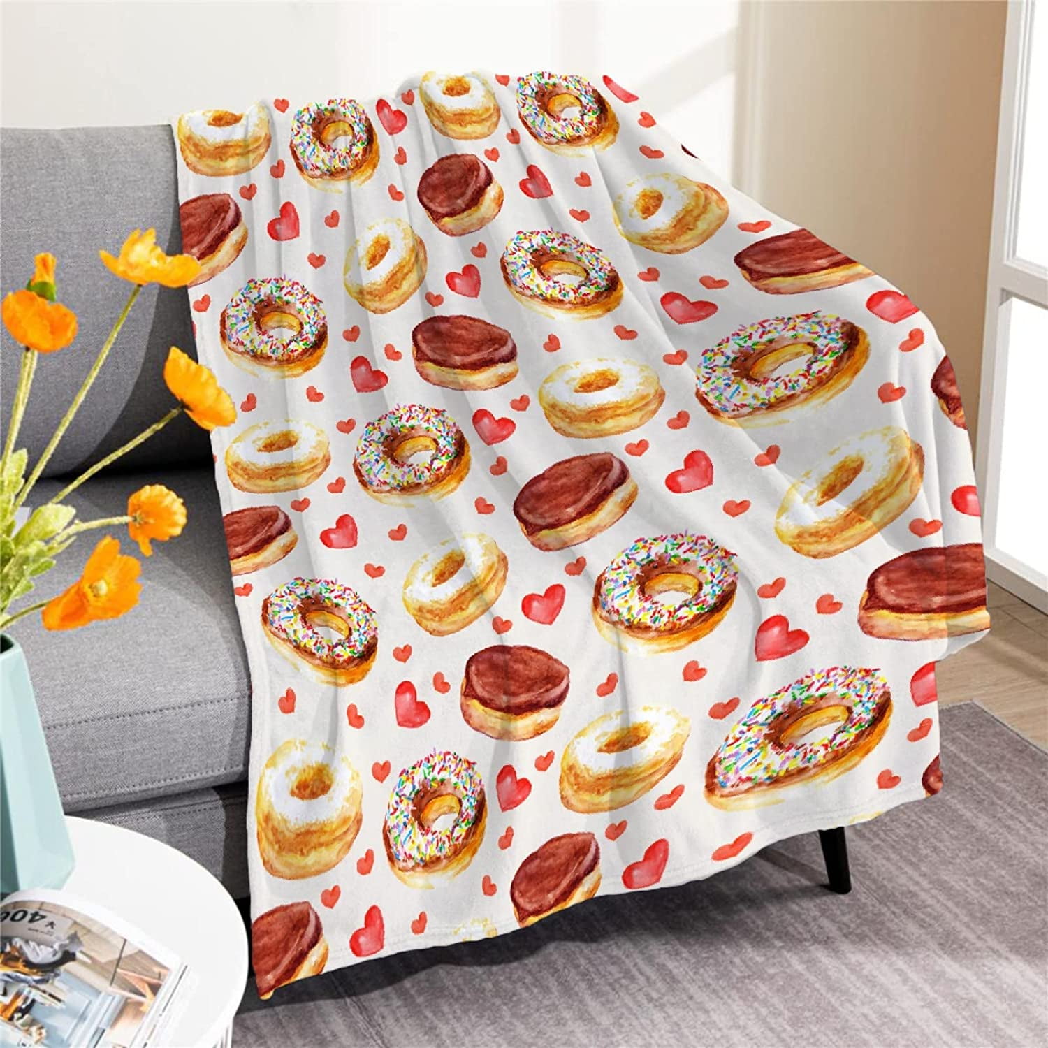 Cute Donuts Red Hearts Blanket Microfiber Flannel Throw Lightweight ...