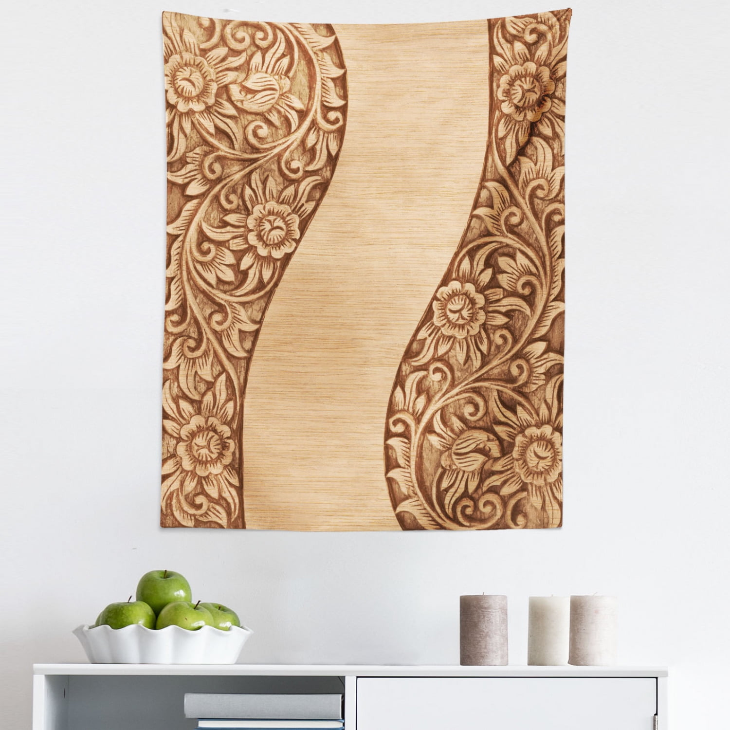 Floral Tapestry, Wooden Print Style Composition in Monochrome Tones ...