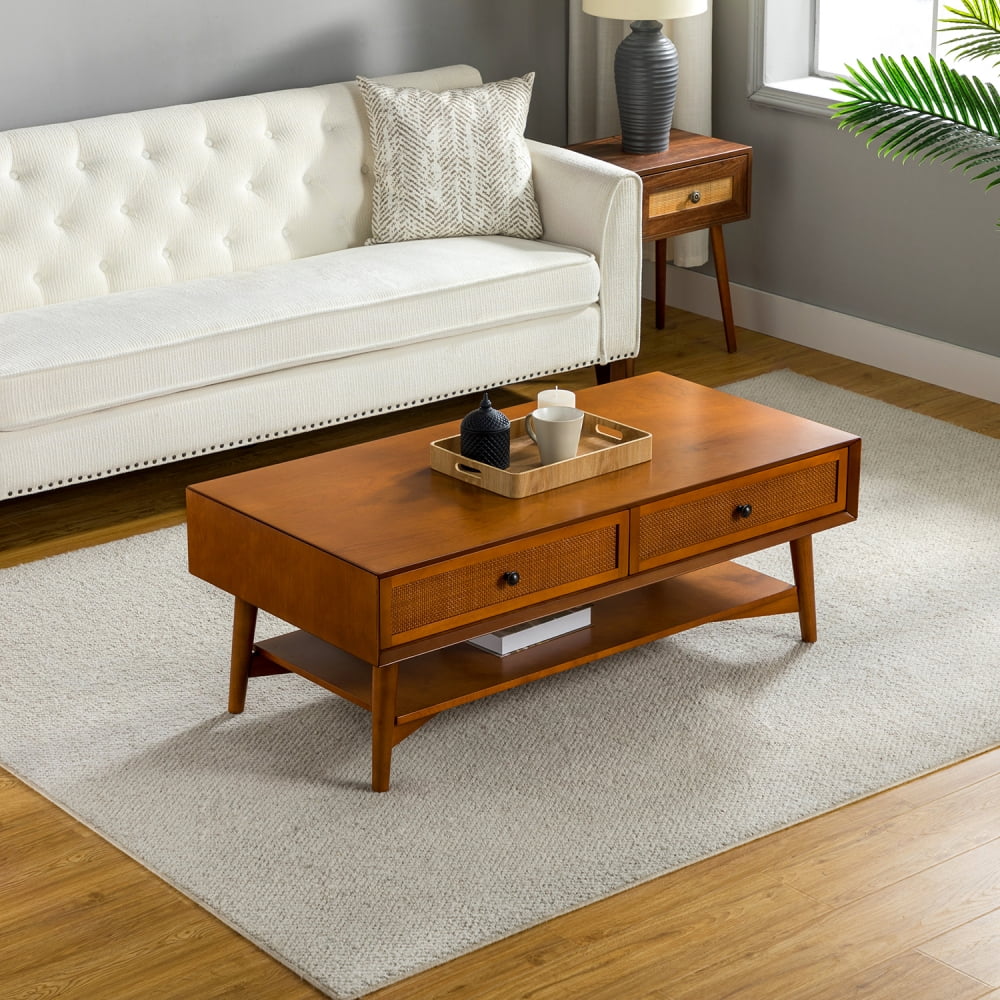 Wood Coffee Table with 2 Rattan Storage Drawers and Bottom Open Shelf ...