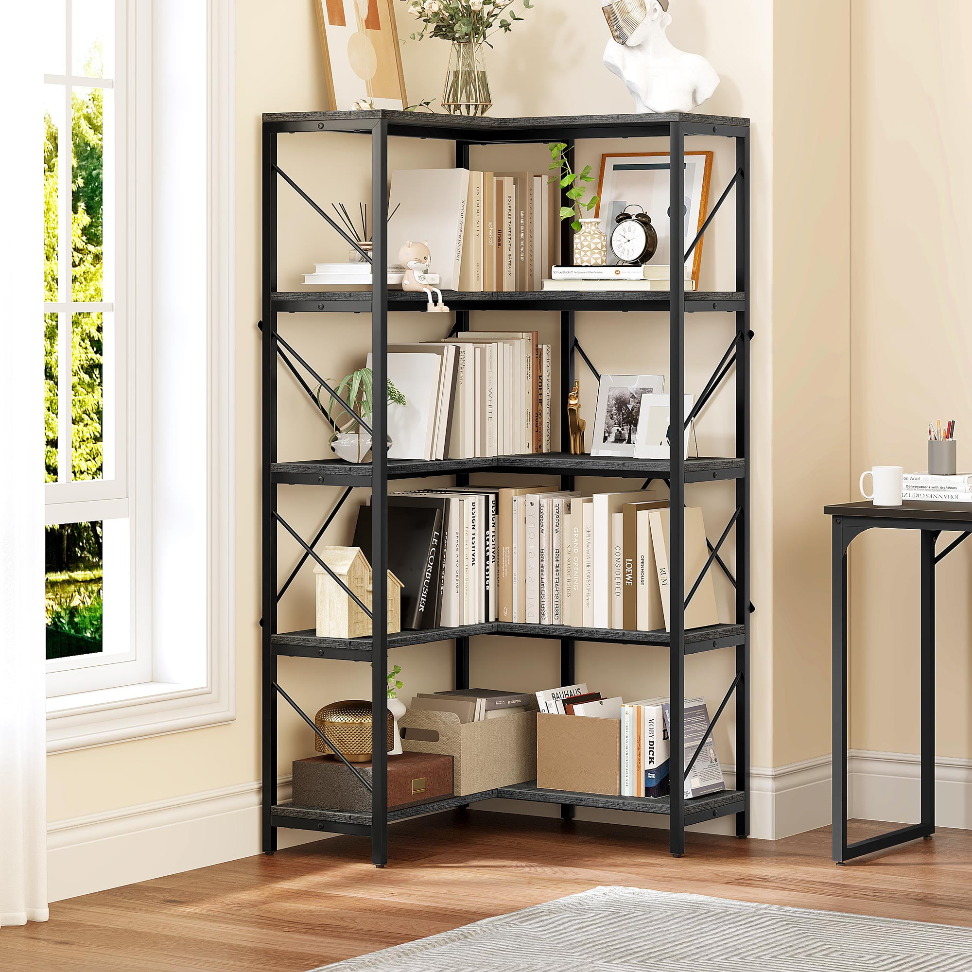 5-Tier L-Shaped Bookcase Storage Organizer, Tall Corner Bookshelf Open ...