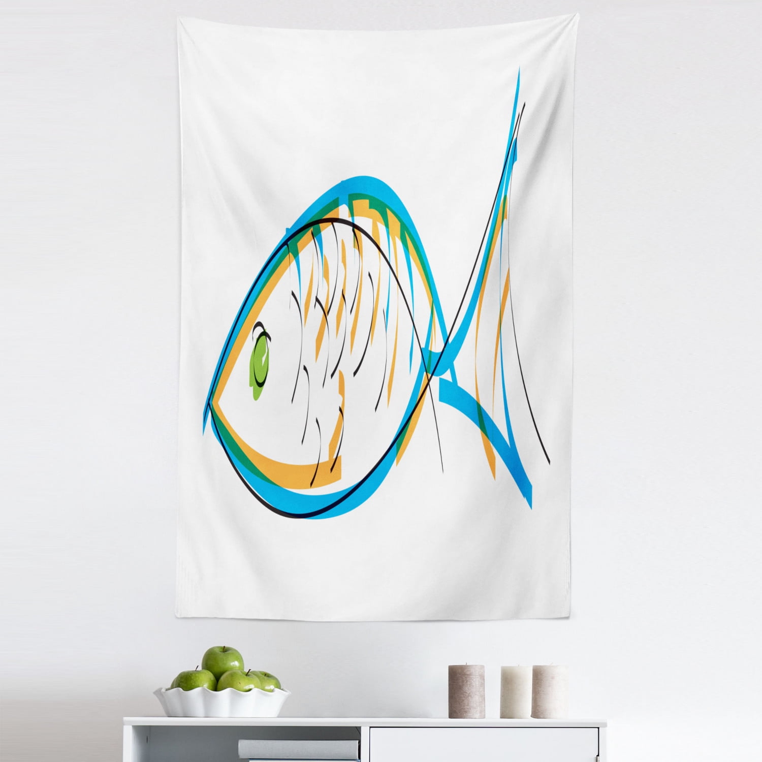 Fish Tapestry, Maritime Image Contour Drawing Aquarium Animal Vibrant ...