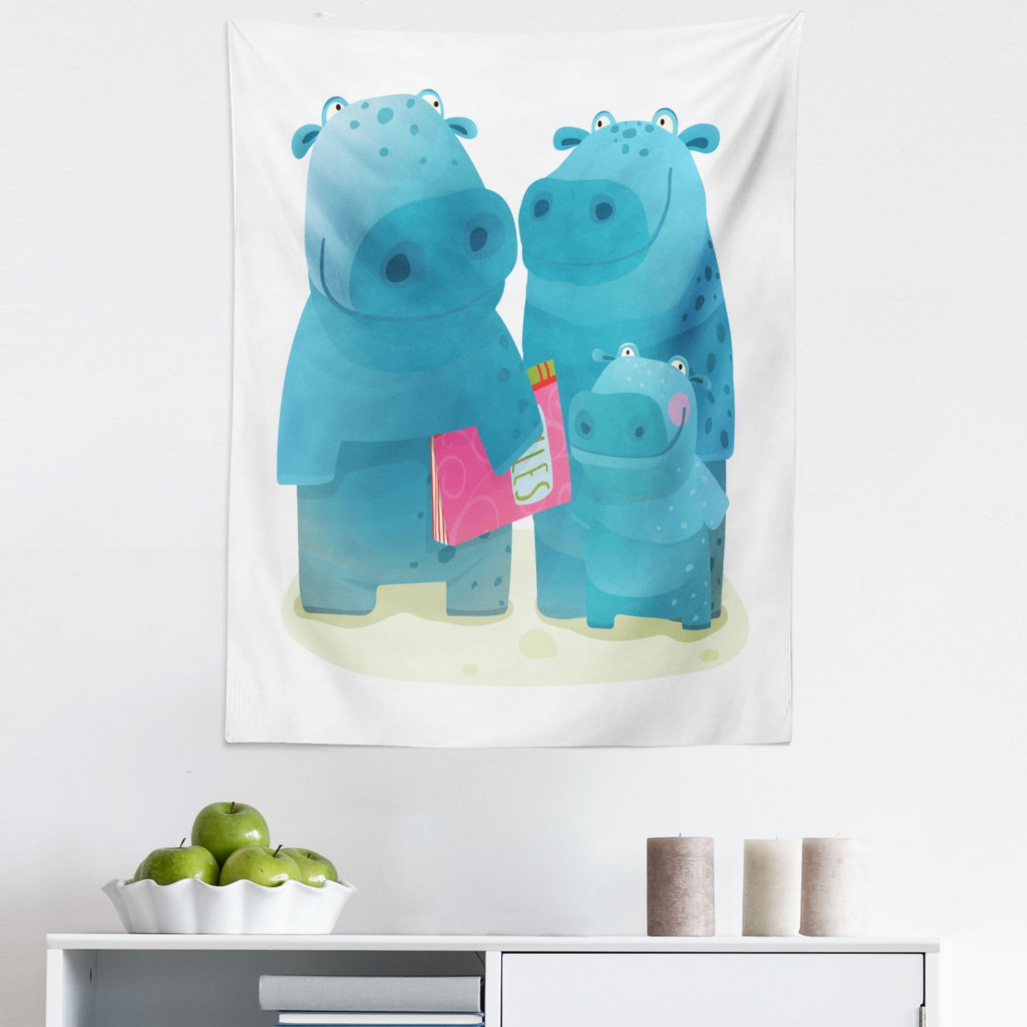 Hippo Tapestry, Graphic Happy Hippo Family with Father Mother and ...