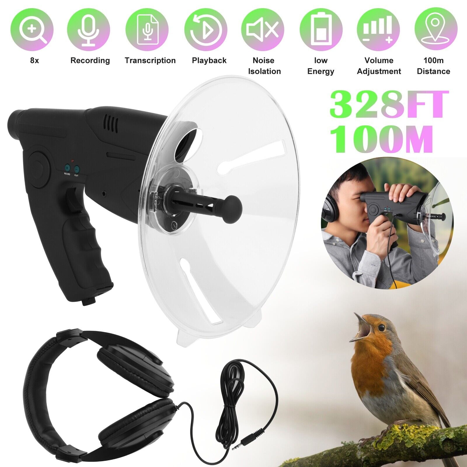 328FT Parabolic Sonic Listening Device Microphone Amplifier 8X Bionic ...