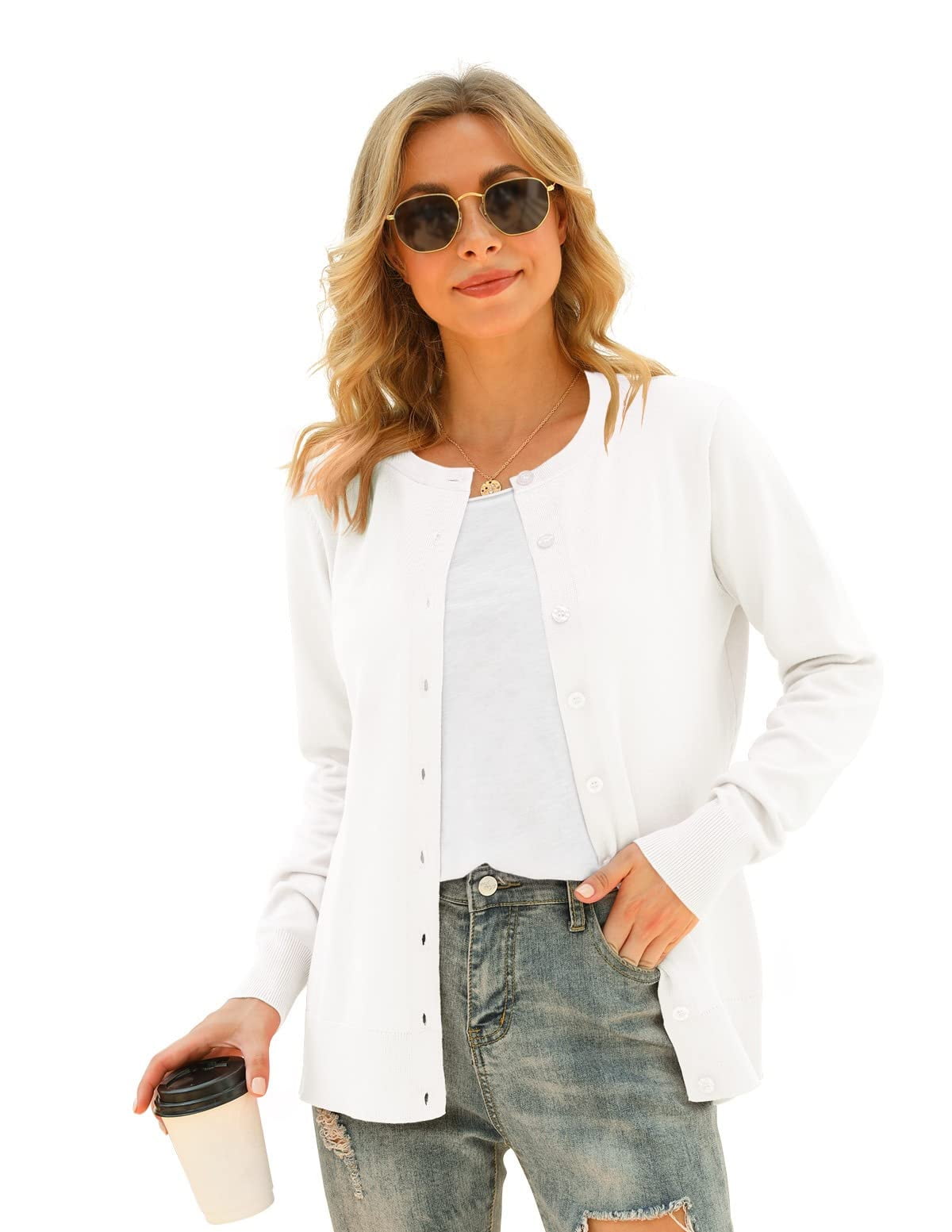 Mlanm Womens Long Sleeve Button Down Crew Neck Classic Sweater Knit