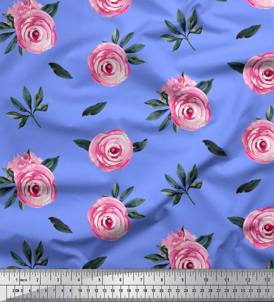 Soimoi Blue Poly Georgette Fabric Leaves & Ranunculus Floral Print ...