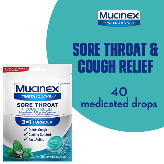 Mucinex InstaSoothe Sore Throat Cough Relief Alpine Herbs & Mint Flavor ...