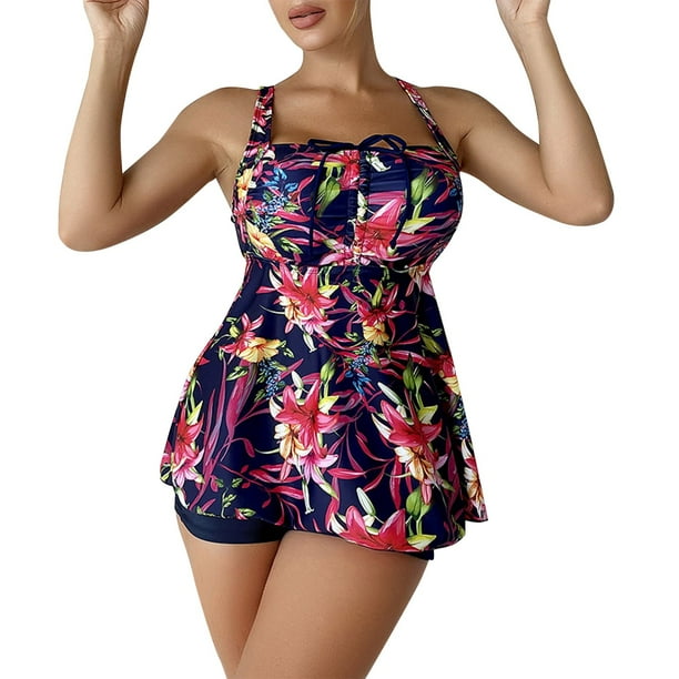 Women Fashion Print Suspender Shows Slim Drawstring Skirt Boxer Bikini Swimsuit Bathing Suits