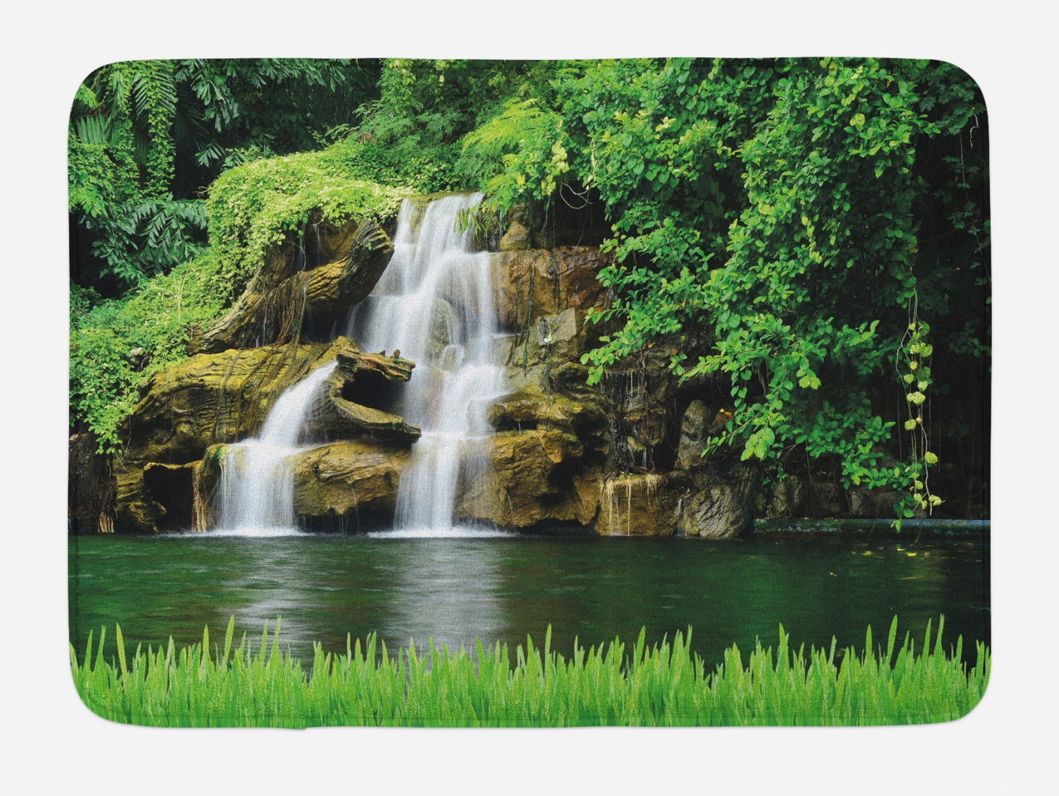 Waterfall Bath Mat, Double Waterfalls Flow to Natural Green Lake with ...