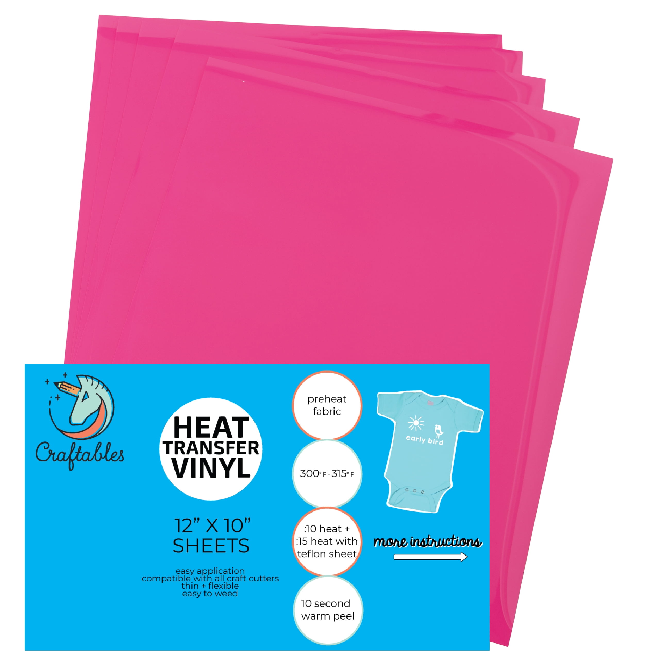 Craftables Hot Pink Heat Transfer Vinyl HTV - 5 Sheets Easy to Weed ...