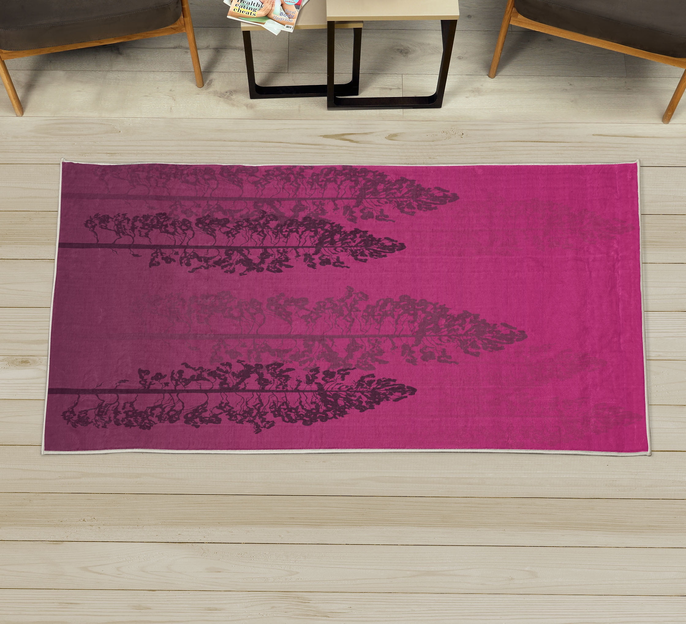 Country Decorative Rug, Pine Trees in the Forest on Foggy Seem Ombre ...