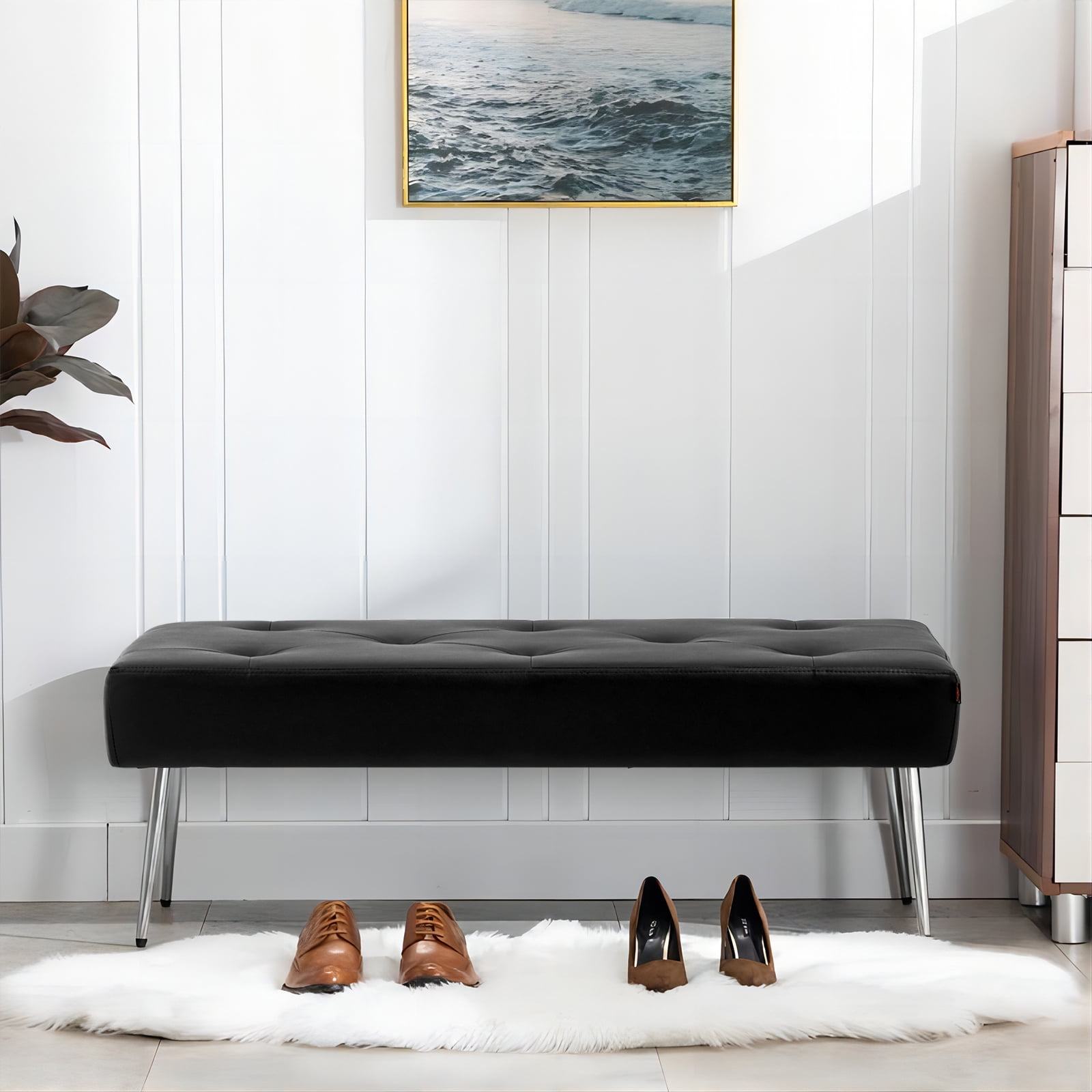 Furniliving Modern Ottoman Bench Upholstered Faux PU Leather Tufted ...