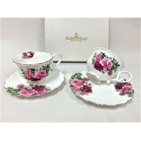 Hampstead Collection Pink Roses 8-Ounce Porcelain Tea Cups and Saucers ...