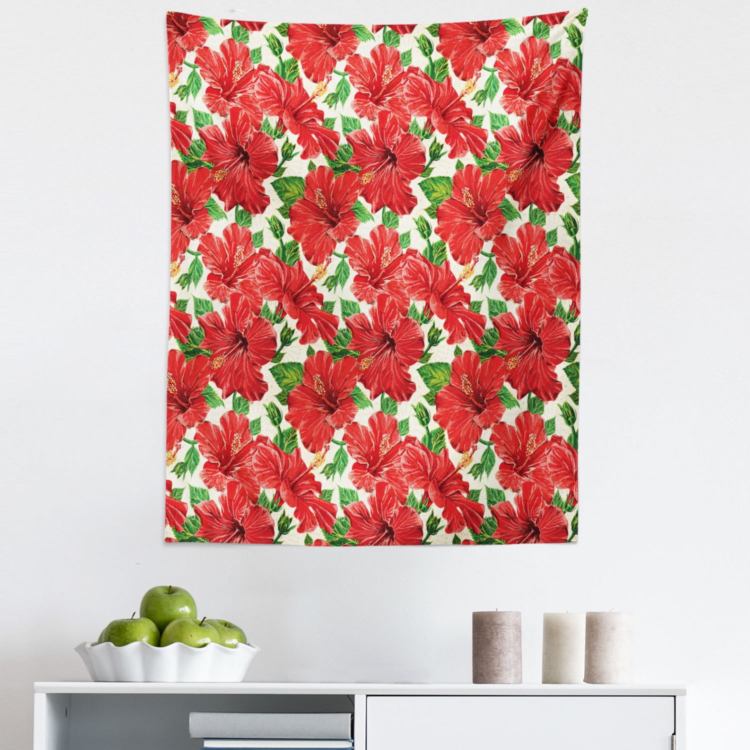 Hawaii Tapestry, Botanic Inspirations Floral Bouquet Hand Drawn Red ...