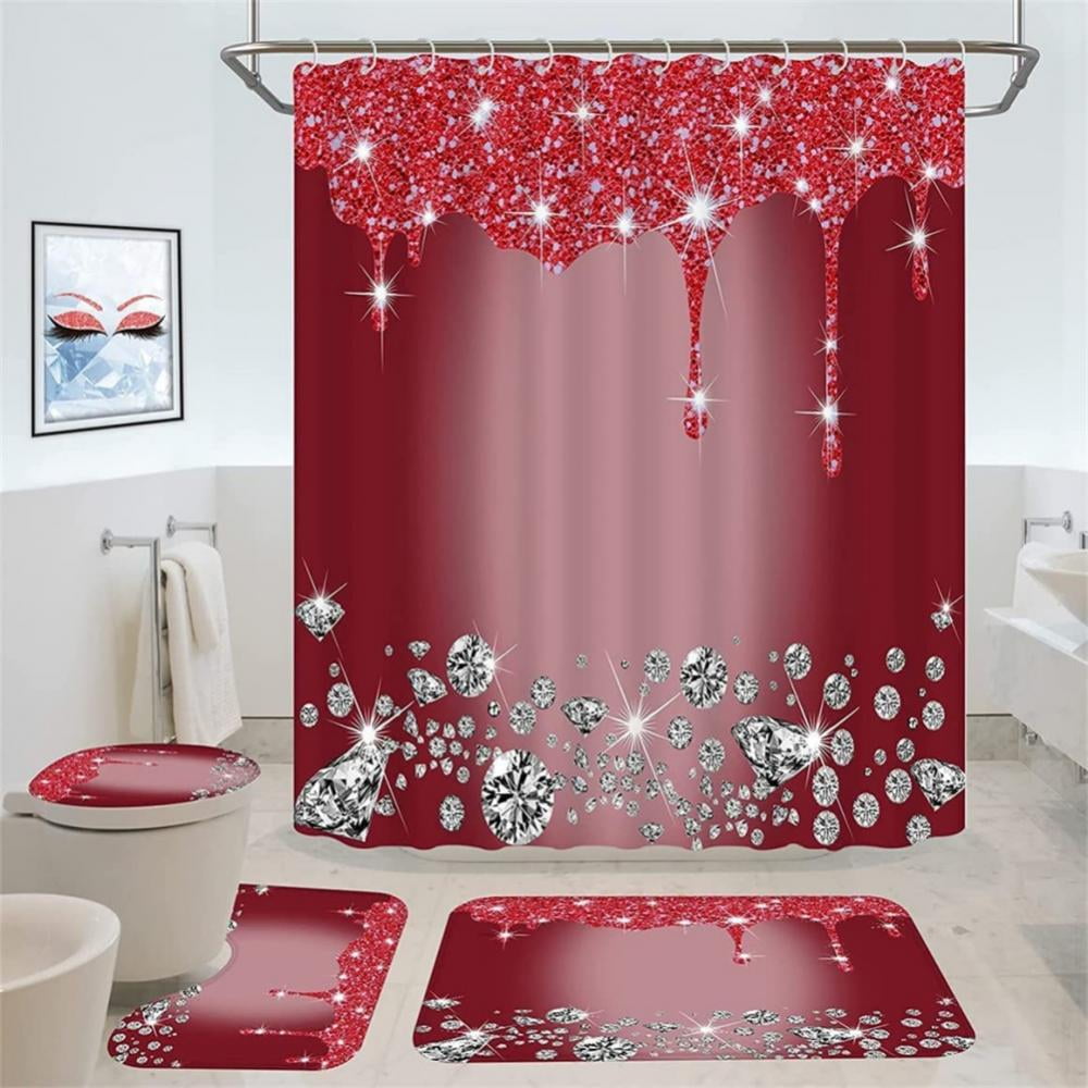 4pcs Bling Diamond Shower Curtain Set With Non Slip Rugs Toilet Lid