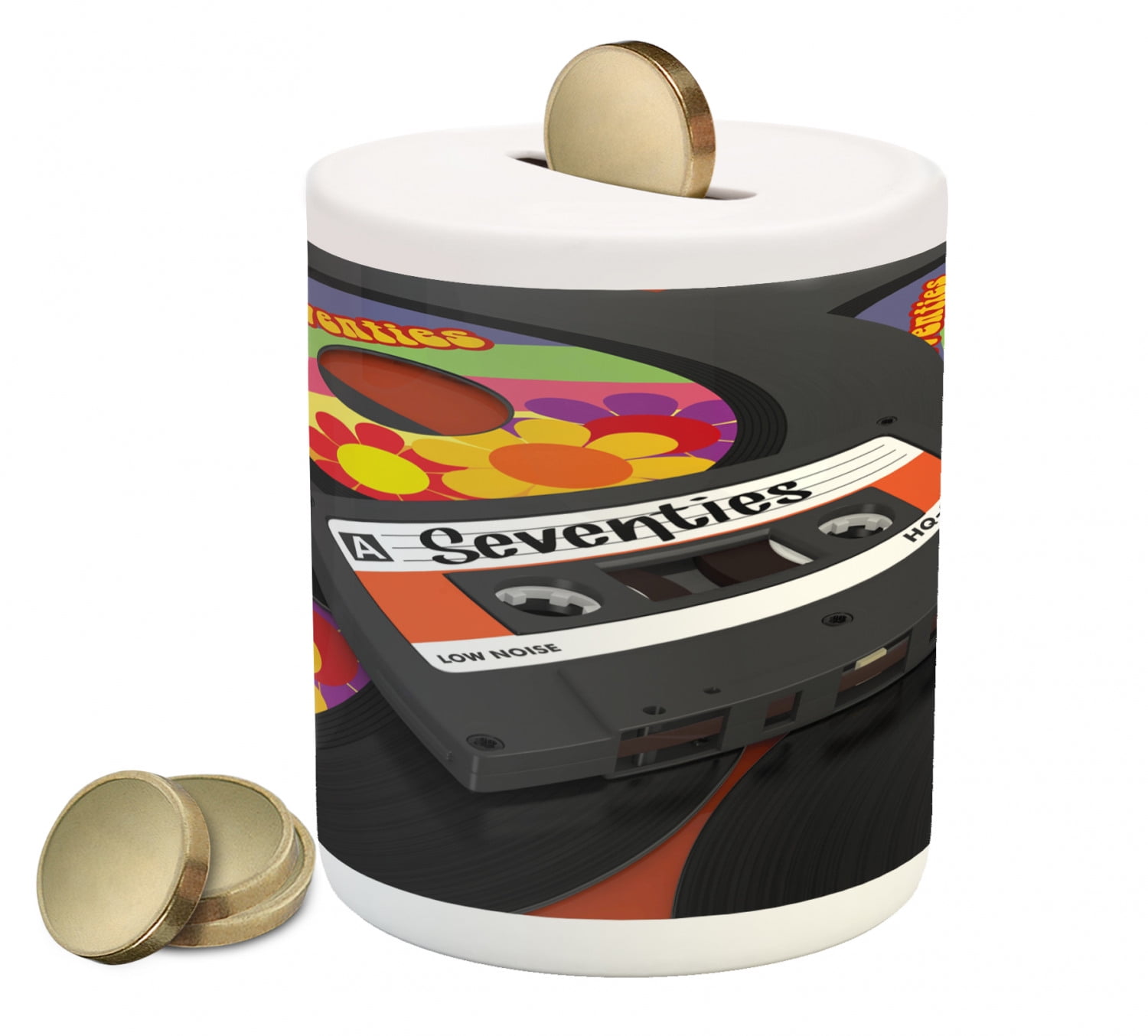 70s Party Piggy Bank, Compact Cassette Player and Some Vinyl Records ...