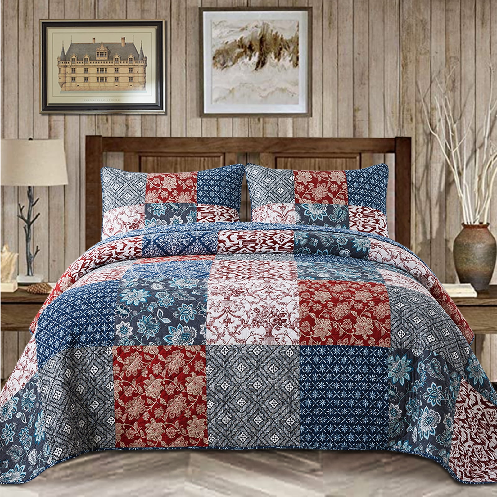 TWINRUN Cotton Patchwork Quilted Bedspread Set,Reversible Coverlet with ...