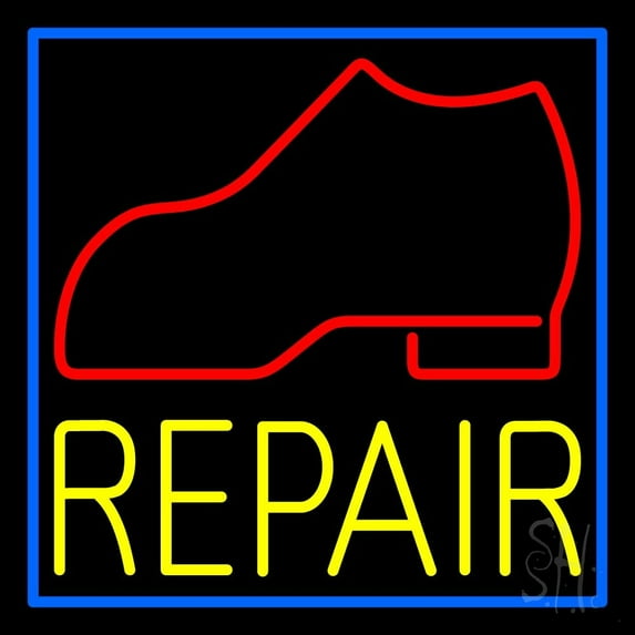 Red Boot Yellow Repair LED Neon Sign 16 x 16 - inches, Black Square Cut ...