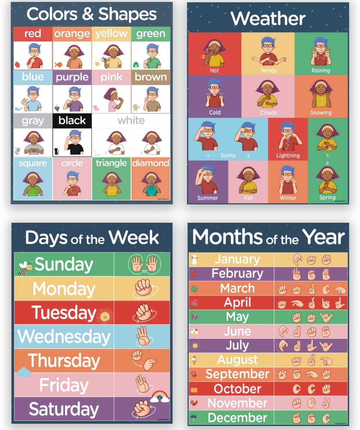 Sign Language Posters For Classroom - 4 Pack Includes Colors, Days ...