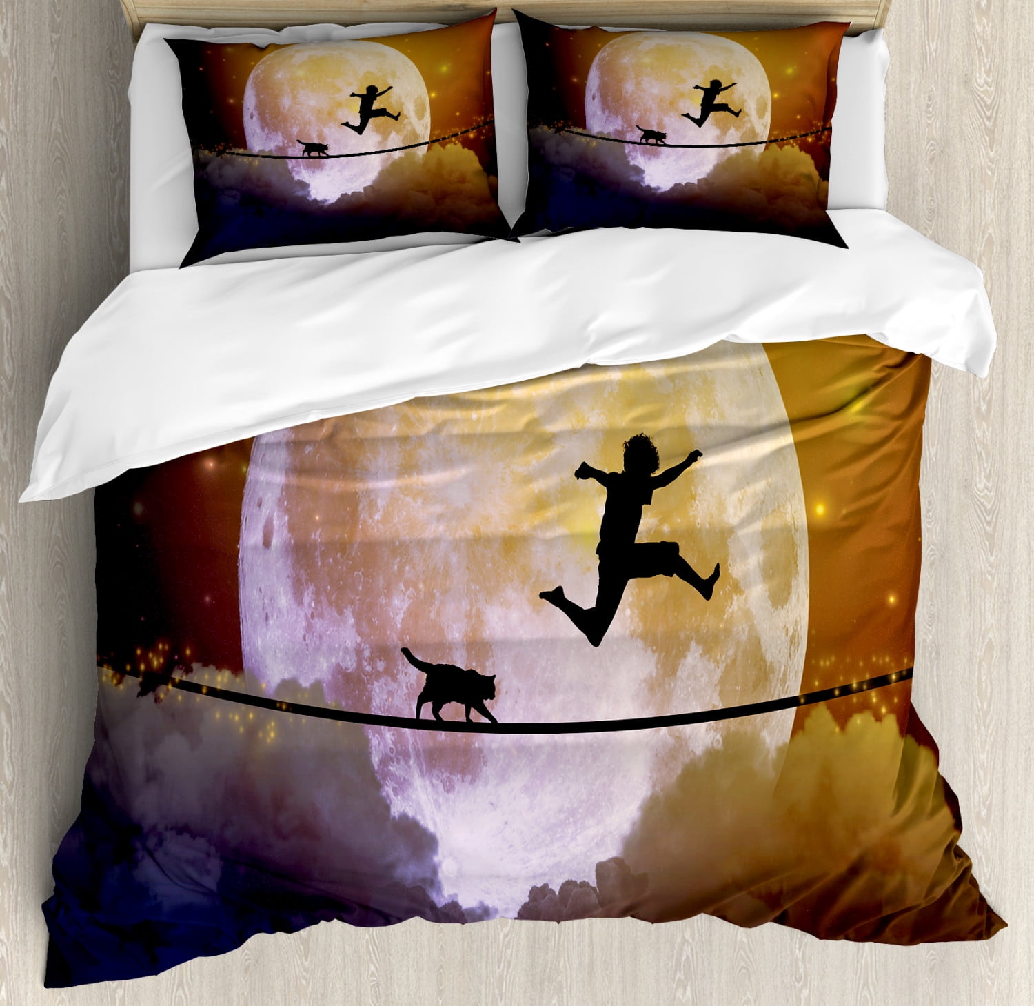Adventure Duvet Cover Set Queen Size, Boy and a Cat Walking on a Rope ...