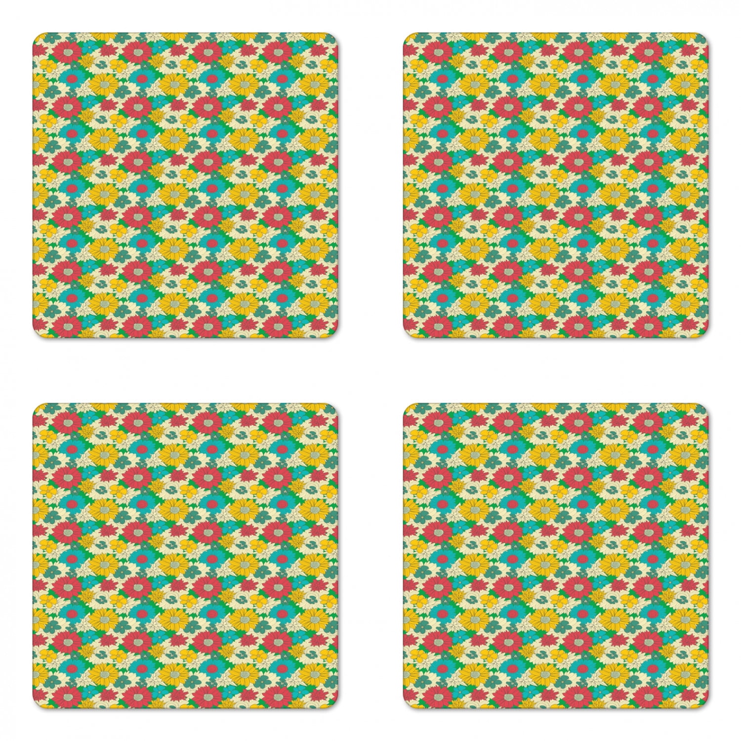 Colorful Coaster Set of 4, Various Different Flowers Flourishing with ...