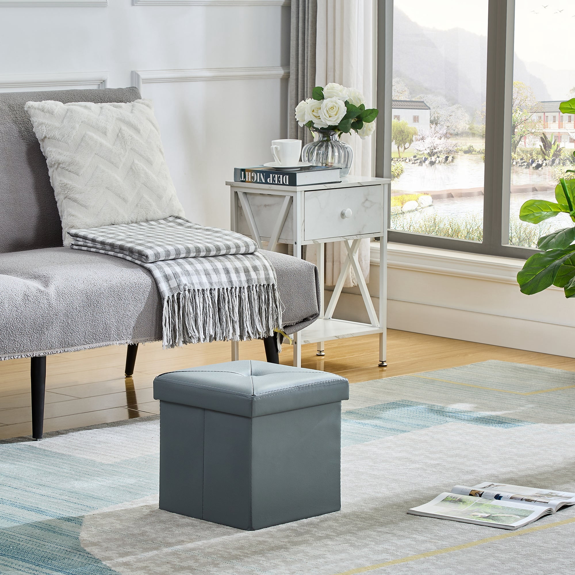 VECELO 12" Folding Storage Ottoman Bench, Faux Leather Footrest Couch ...