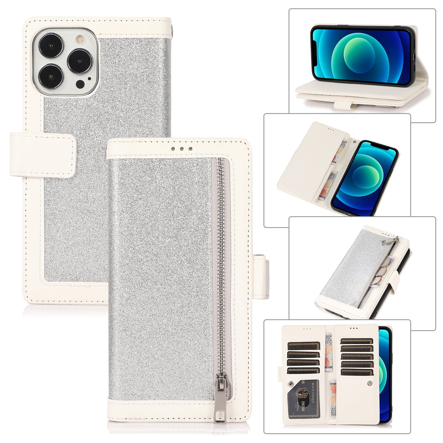 iPhone 13 Pro Max Case 6.7" 2021, Bling Sparkly Glitter Flip Stand PU ...