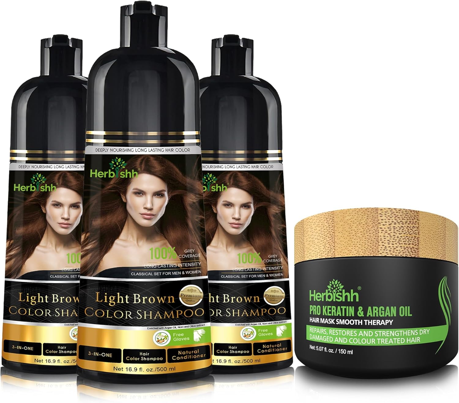 Herbishh Ultimate Grey Hair Color Shampoo Kit (3 Dye Shampoos + 1 Argan ...