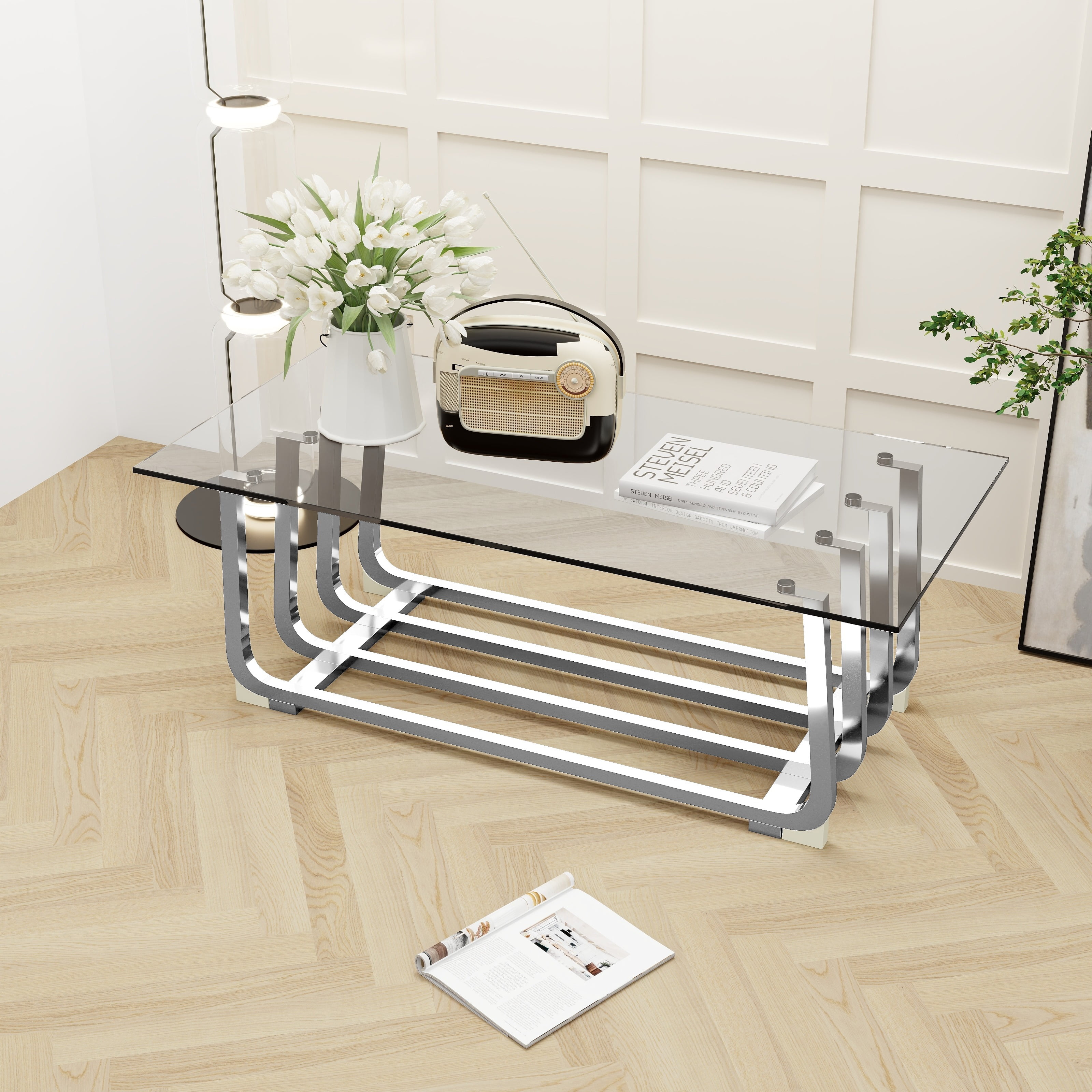 Alazyhome Glass Top Coffee Table Silver Stainless Steel Rectangular ...