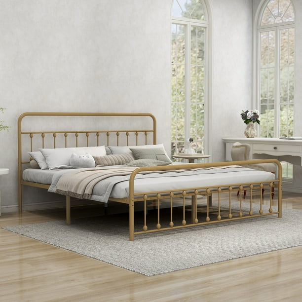 NNV Vintage Platform Metal King Bed Frame, Easy Assembly, Gold ...