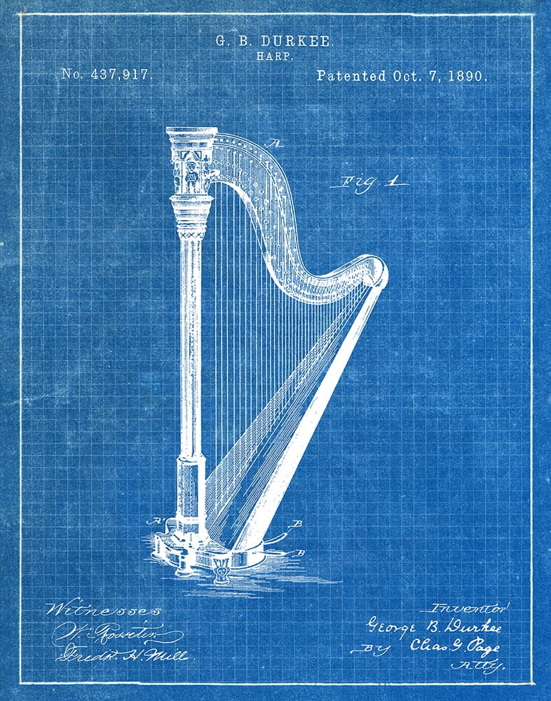 Original Harp Artwork Submitted In 1890 - Music - Patent Art Print ...