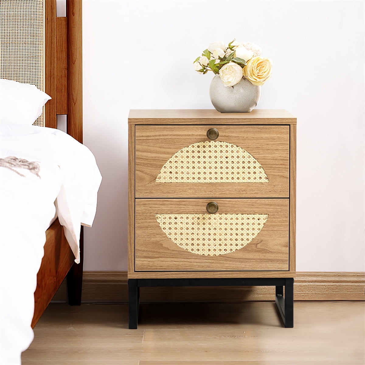 INCLAKE 2-Drawer Nightstand with Black Metal Base,Modern Wood Bedside ...