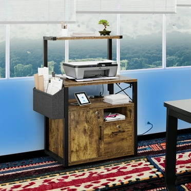 FITUEYES Printer Stand with Storage Adjustable Shelves, Wood Mobile ...