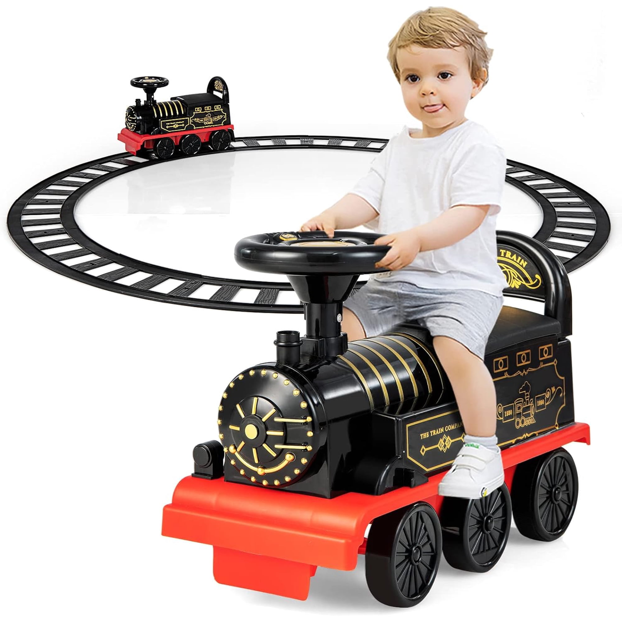 Olakids Kids Ride On Train With Track  6v Electric Toy With Lights And Sounds  Retractable Footrest  Under Seat Storage  Christmas Theme Battery Power