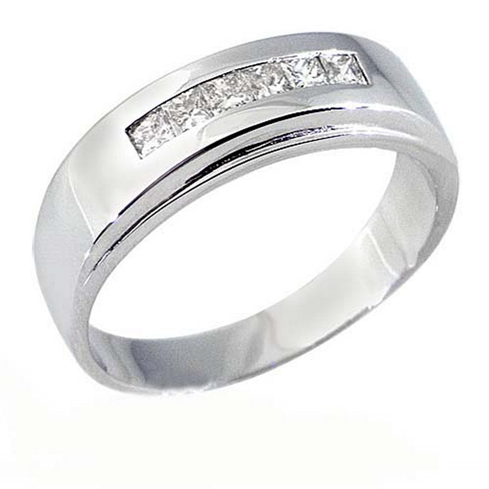14k White Gold Princess Cut 6-Stone Men's Diamond Ring Wedding Band .75 ...