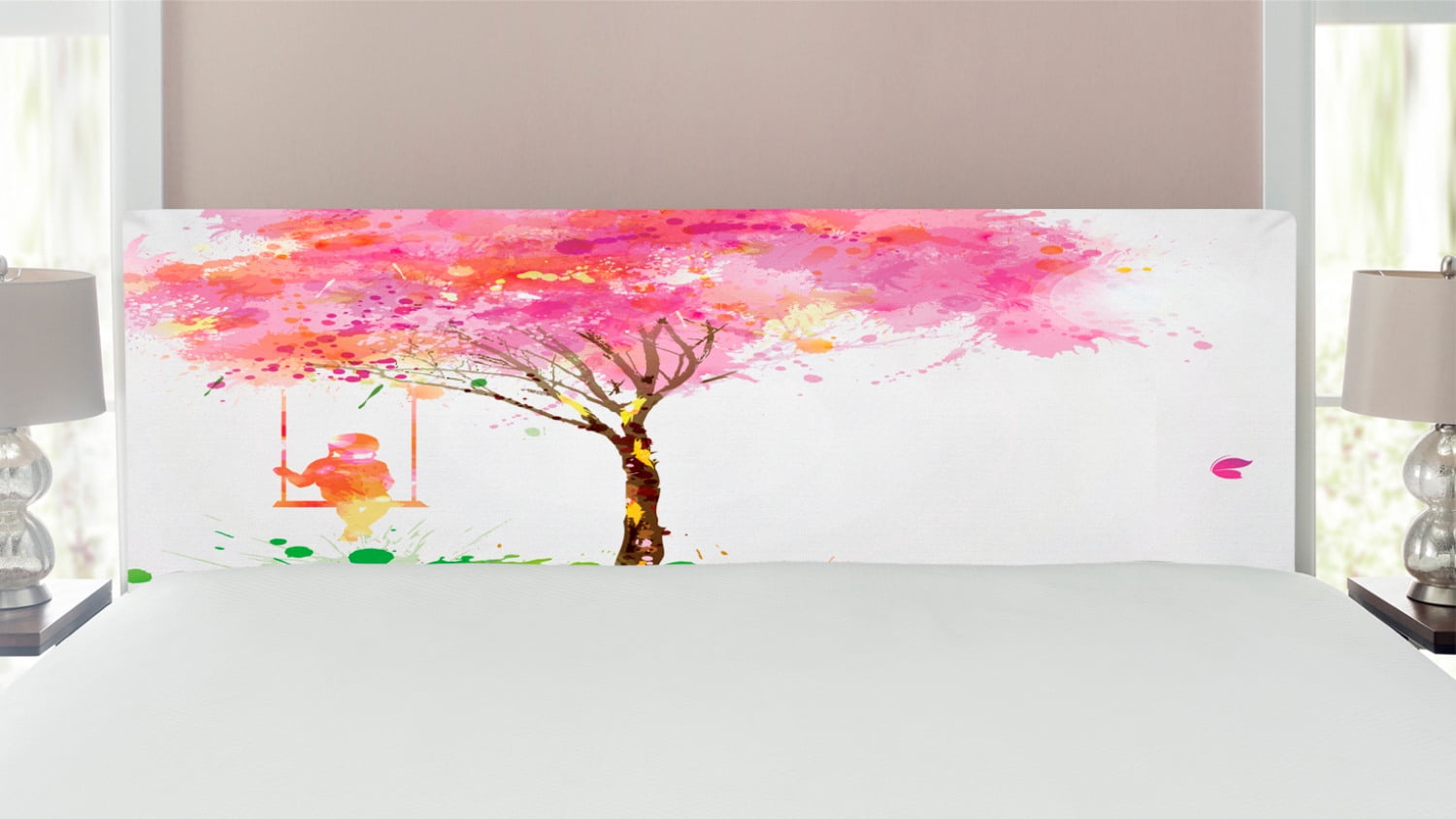 Spring Headboard, Spring Blossoming Tree and Dreaming Girl on Swing ...