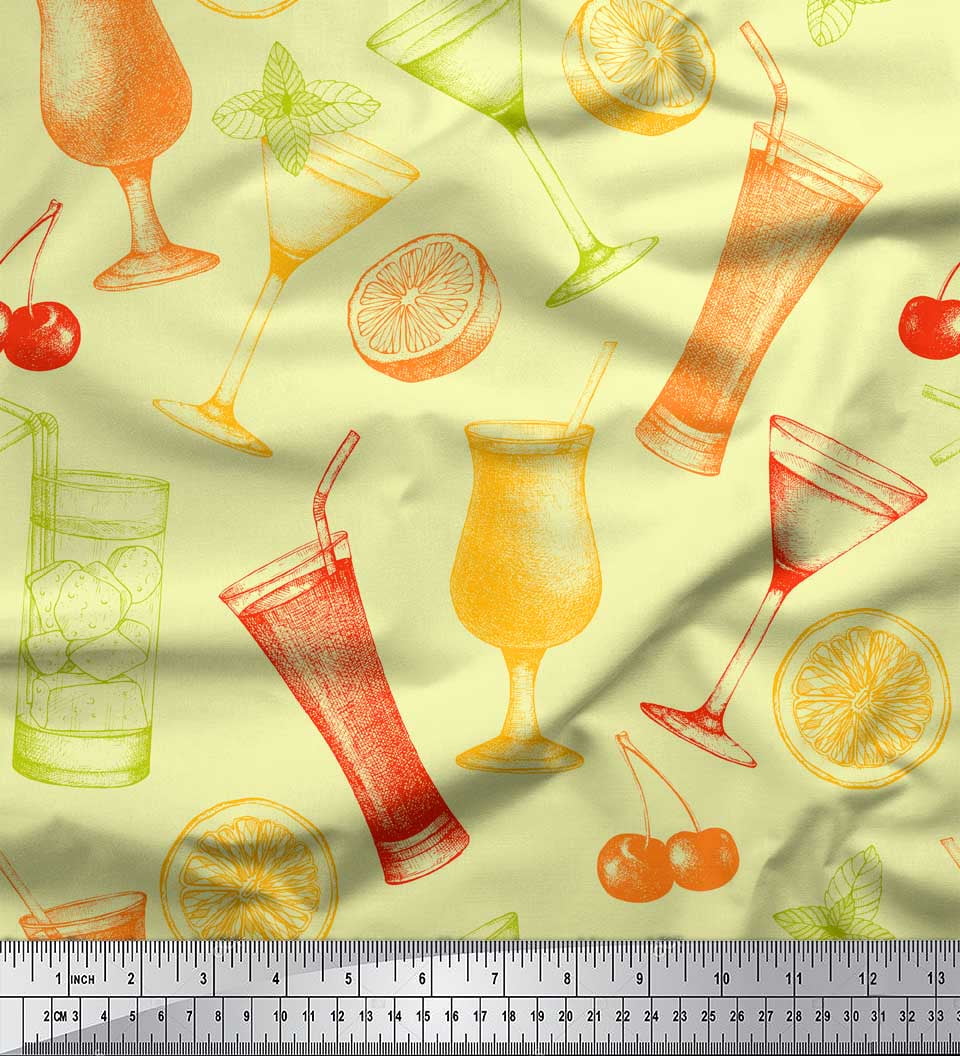 Soimoi Orange Silk Fabric Lemon Slice & Soft Drink Beverages Print ...