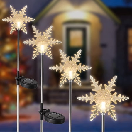 4 Pack Solar Christmas Snowflakes Garden Stake Lights, Solar Powered ...