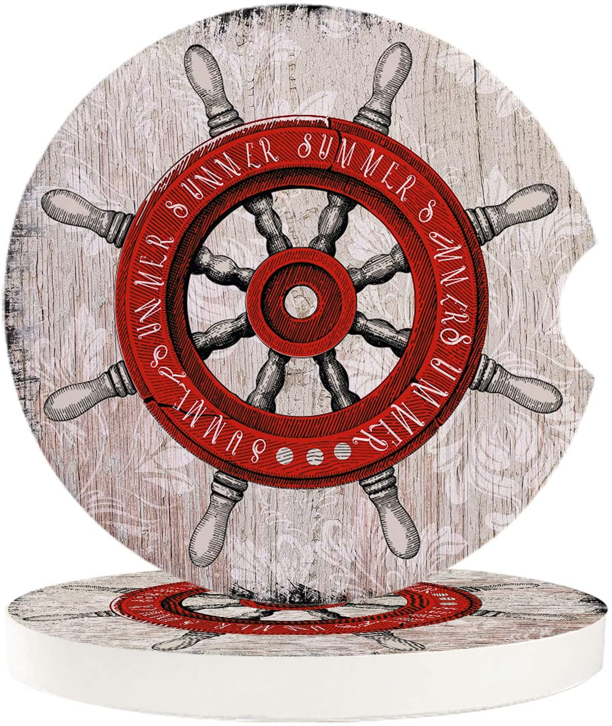 FMSHPON Nautical Theme Rudder Swimming Wood Grain Set of 6 Car Coaster ...