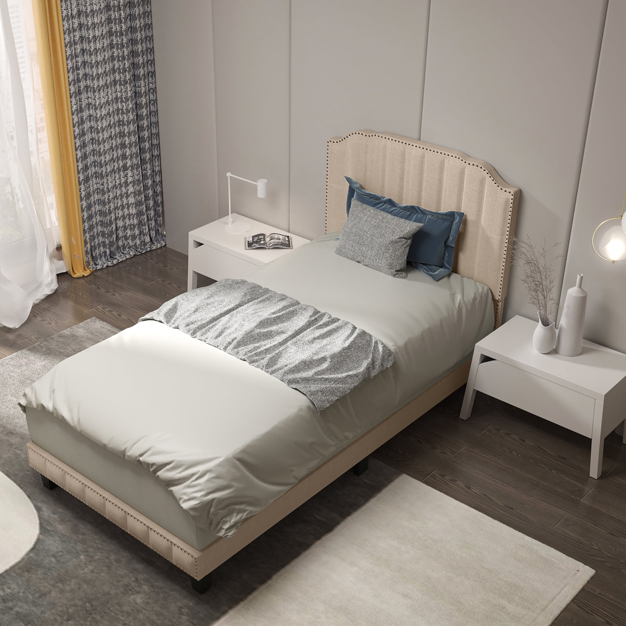 Click here for Gymax Twin Upholstered Bed Frame With Linen Fabric... prices