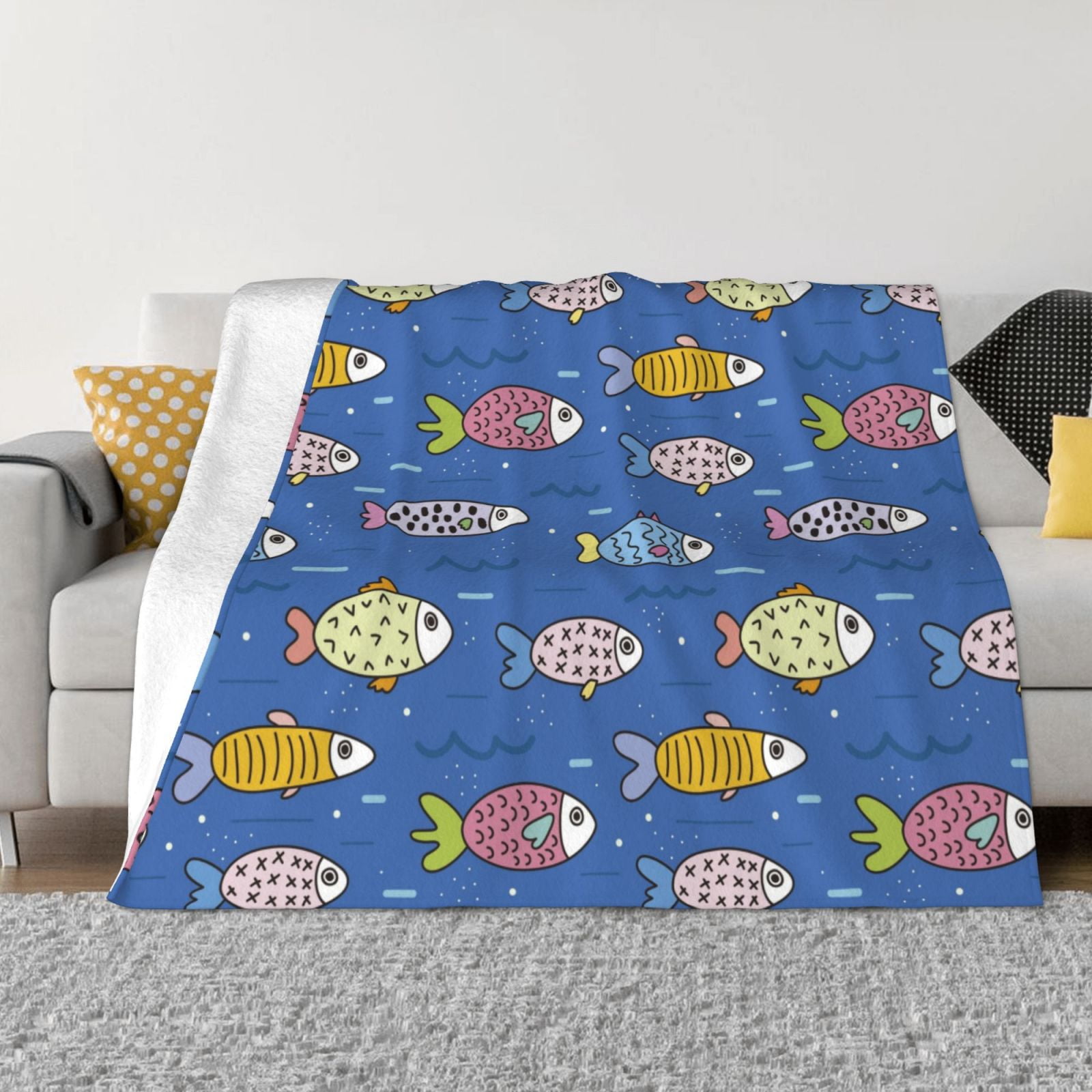 Ocean & Fish Doodles Blanket, Fluffy Soft Cozy Blanket Flannel Plush ...