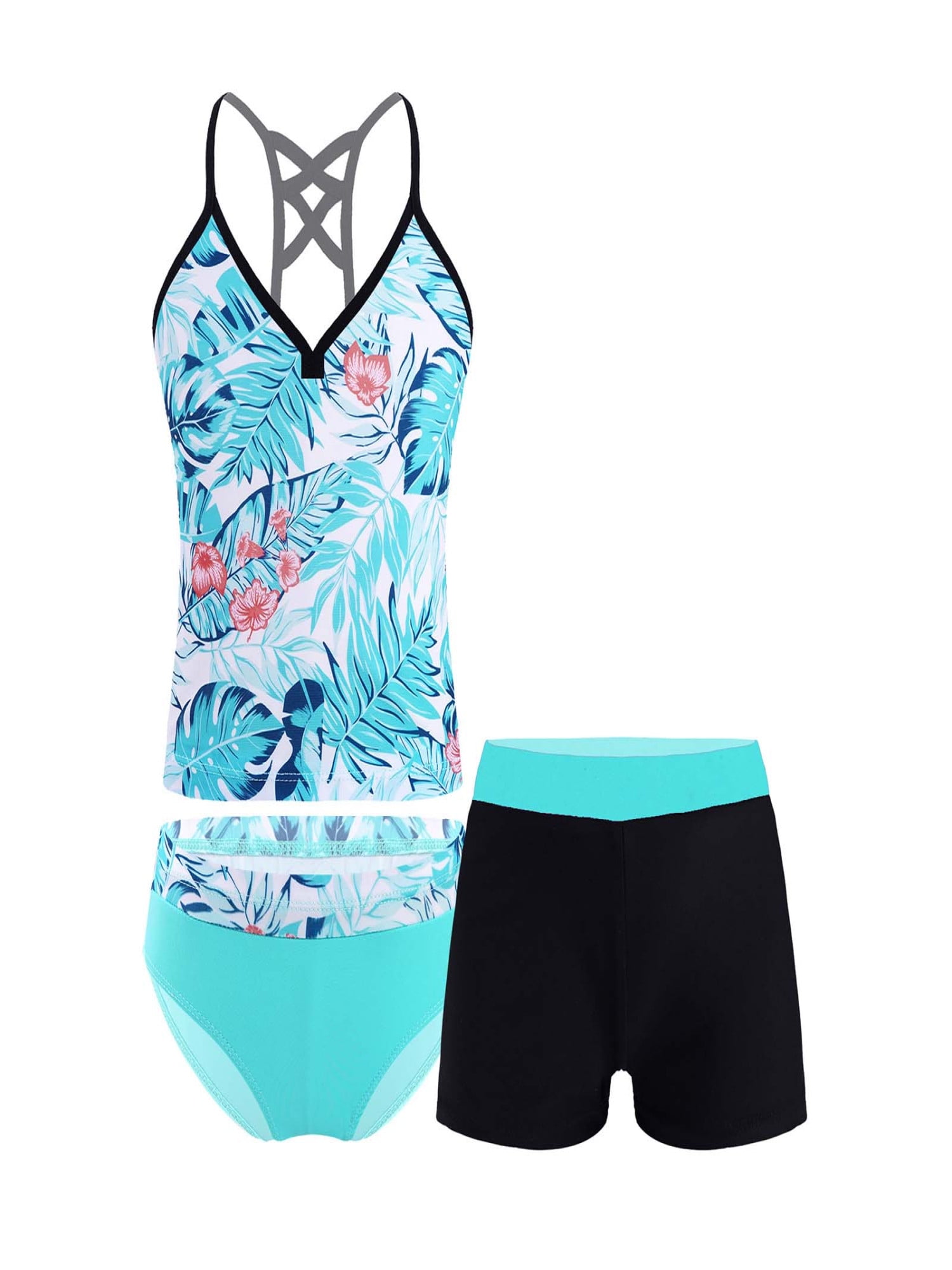 Alvivi Girls 3 Pieces Swimsuit Tankini Printed Crop Top Shorts Briefs ...