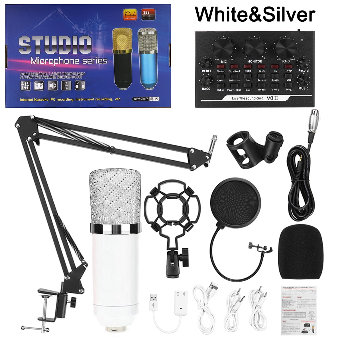 Podcast Condenser Microphone Equipment Bundle, Live Sound Card DJ Mixer ...