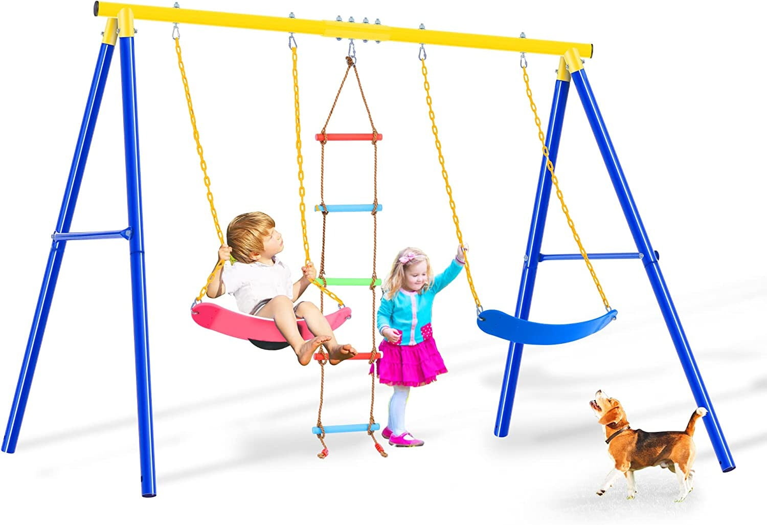 DreamBuck Swing Sets for Backyard, 3-in-1 Kids Swing Set with Climbing ...