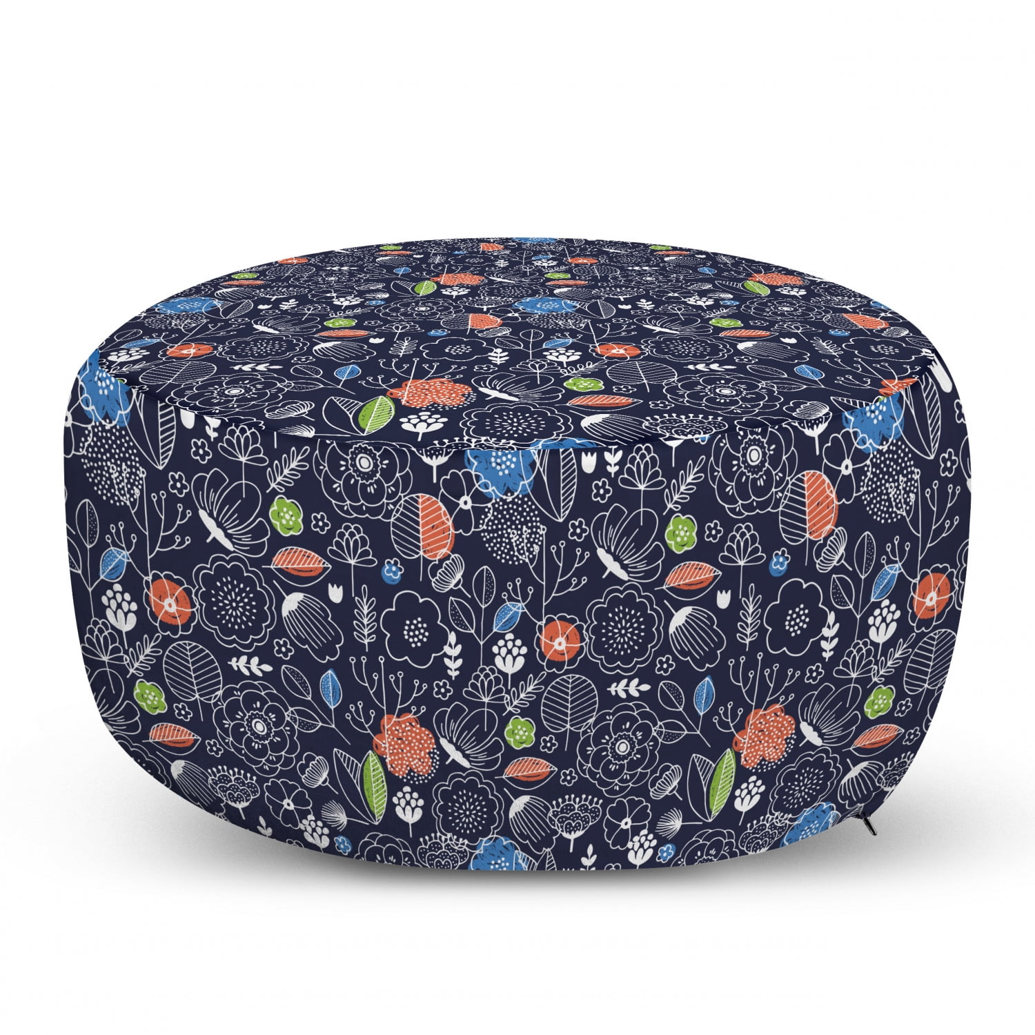 Floral Ottoman Pouf, Scandinavian Style Colorful Flowers and Leaves ...