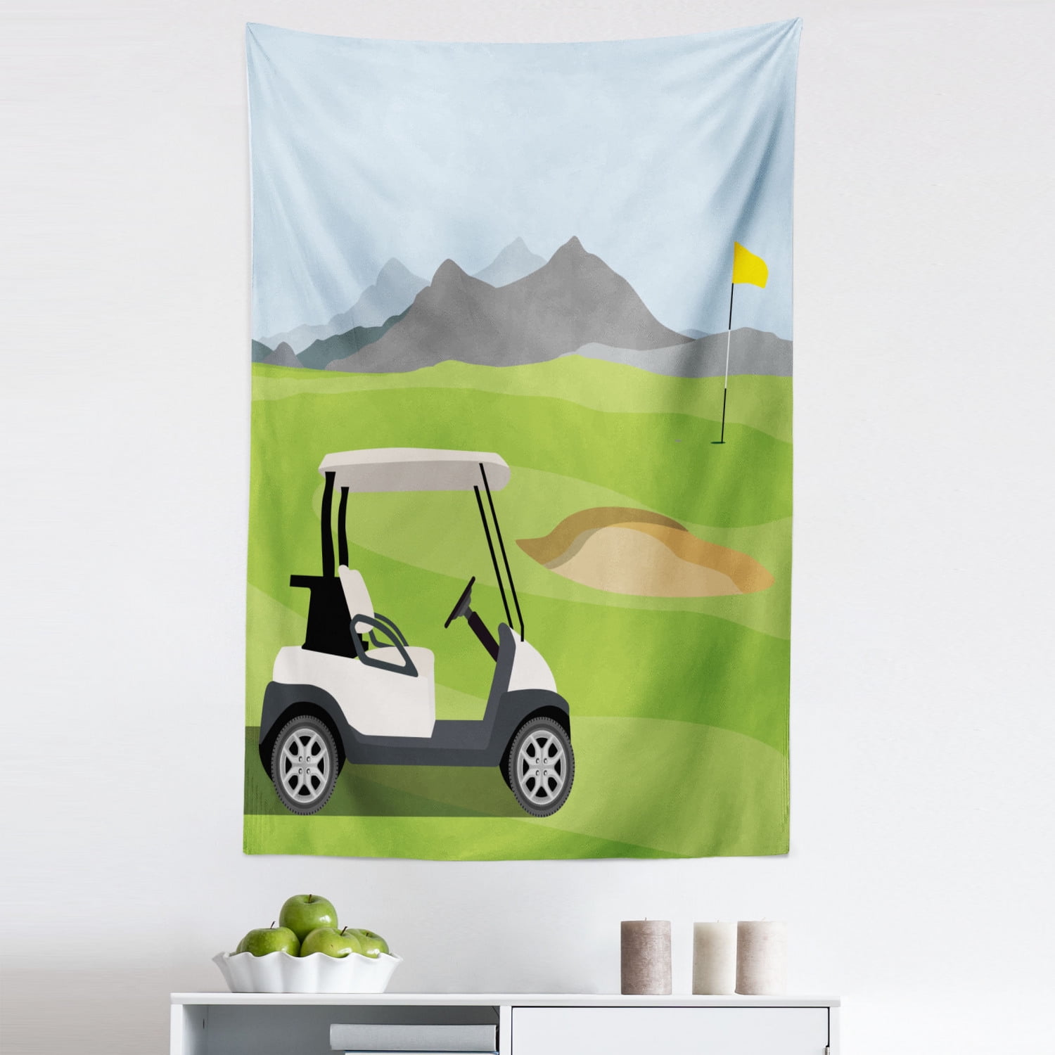 Golf Course Scene Tapestry, Cartoon Landscape with Car Field Mountains ...