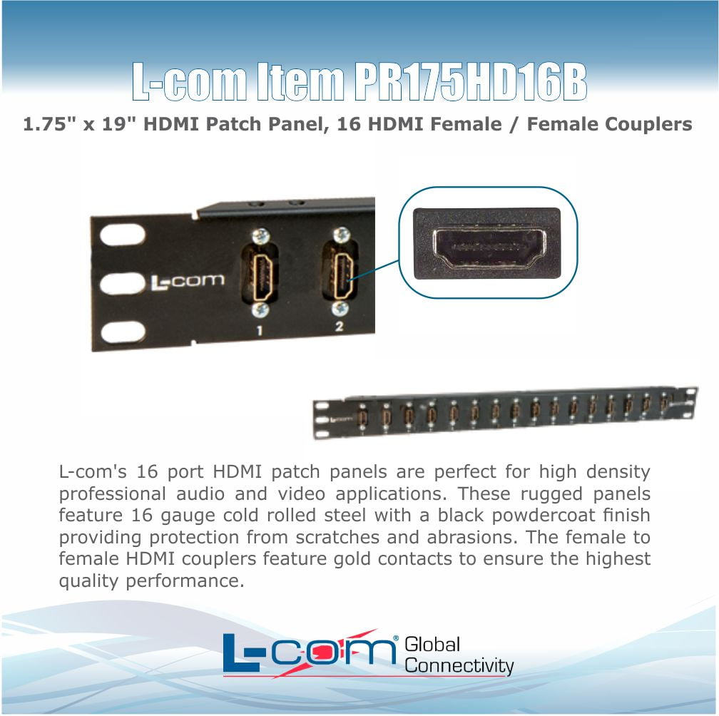 L-com PR175HD16B 1.75" x 19" HDMI Patch Panel, 16 HDMI Female / Female ...
